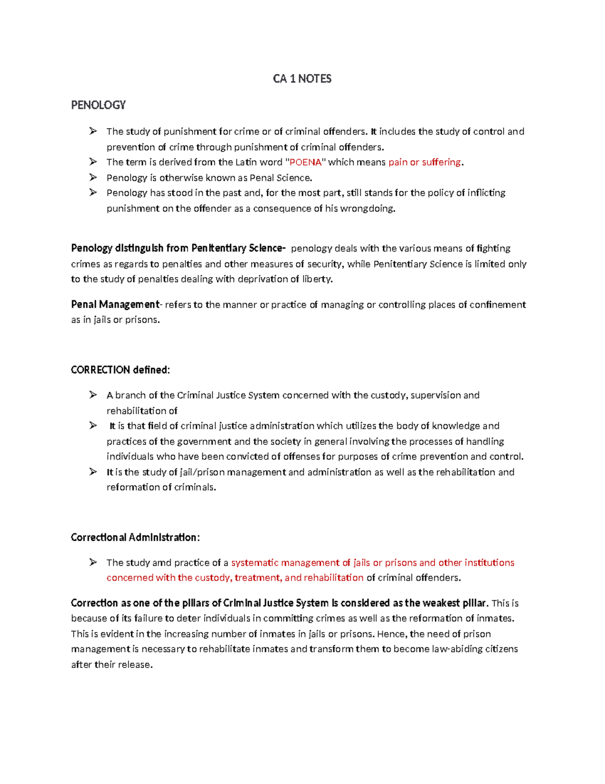 CA-1 Notes: Overview of Penology and Correctional Administration - Studocu