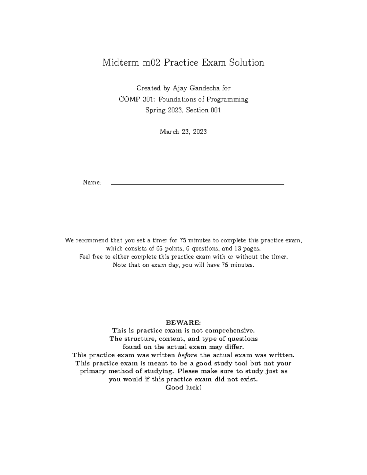 COMP 301: Midterm M02 Practice Exam Solutions - Spring 2023 - Studocu