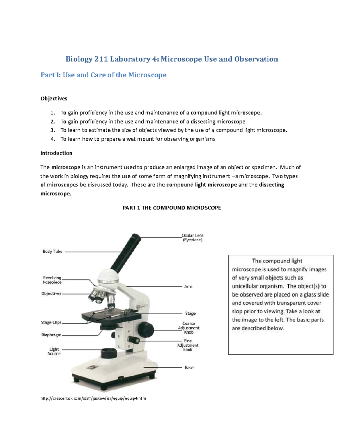 BIO 211 Lab 4: Microscope Use & Care - Observations & Techniques - Studocu