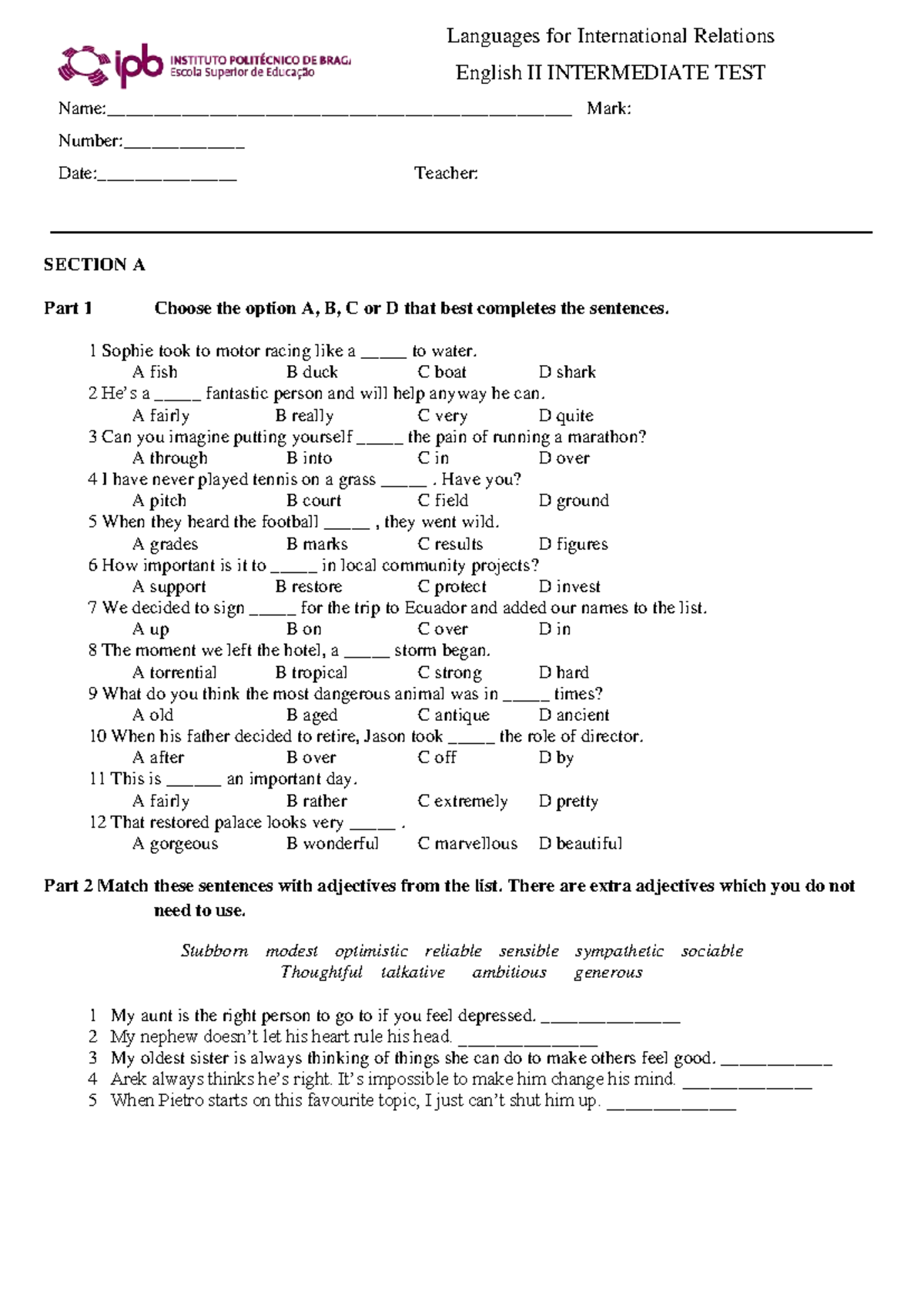 English II Intermediate Test: International Relations Exam Prep - Studocu