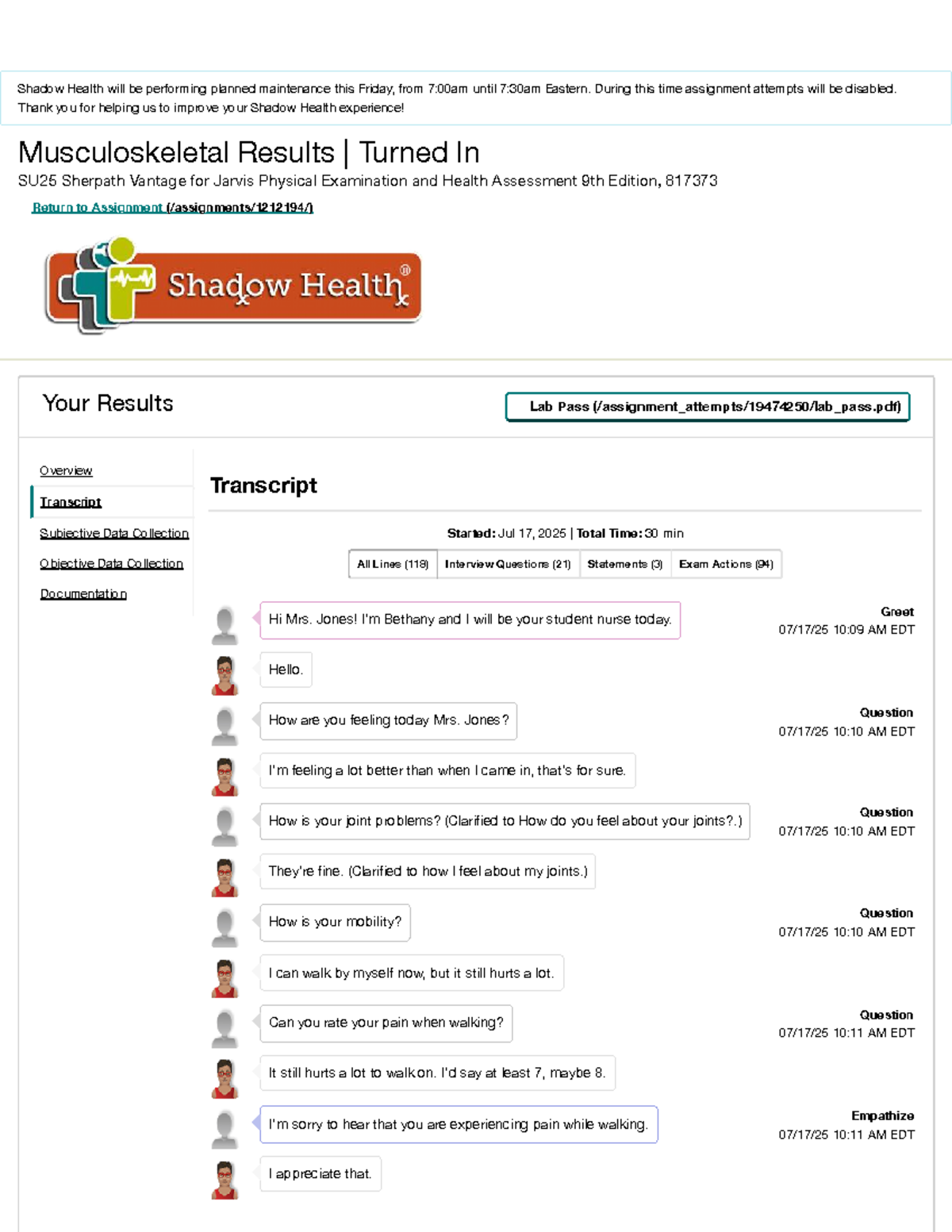 Tina Jones Musculoskeletal Transcript - Shadow Health SU25 - Studocu