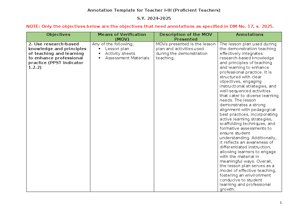 Teacher I-III Annotation Template: Research-Based Teaching (S. 2024 ...