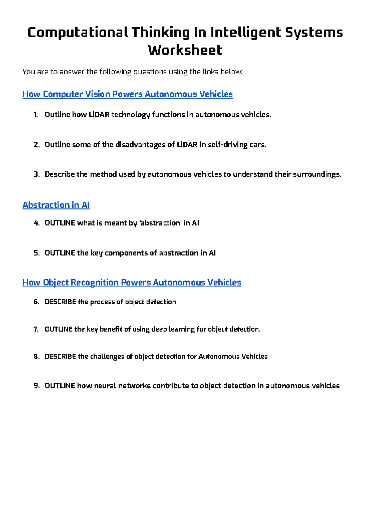 Computational Thinking in Intelligent Systems: Worksheet on AI & AVs ...