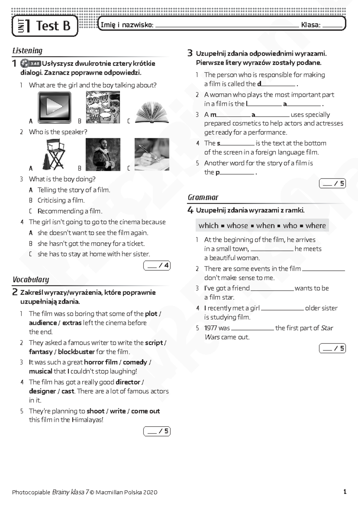 Brainy Klasa 7 Unit 1 Test B: Listening, Functions, Writing - Studocu