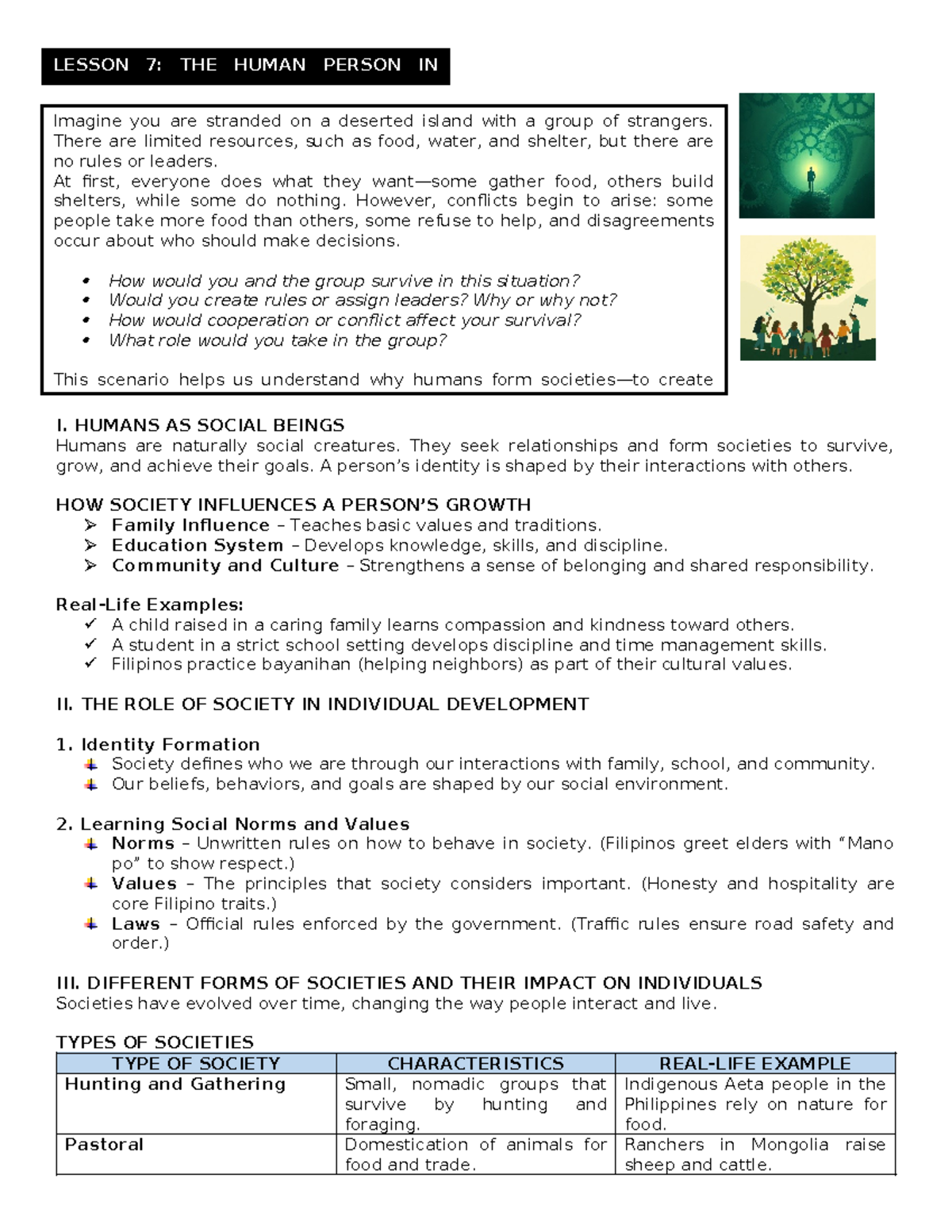Lesson 7 intro to philo - I. HUMANS AS SOCIAL BEINGS Humans are ...