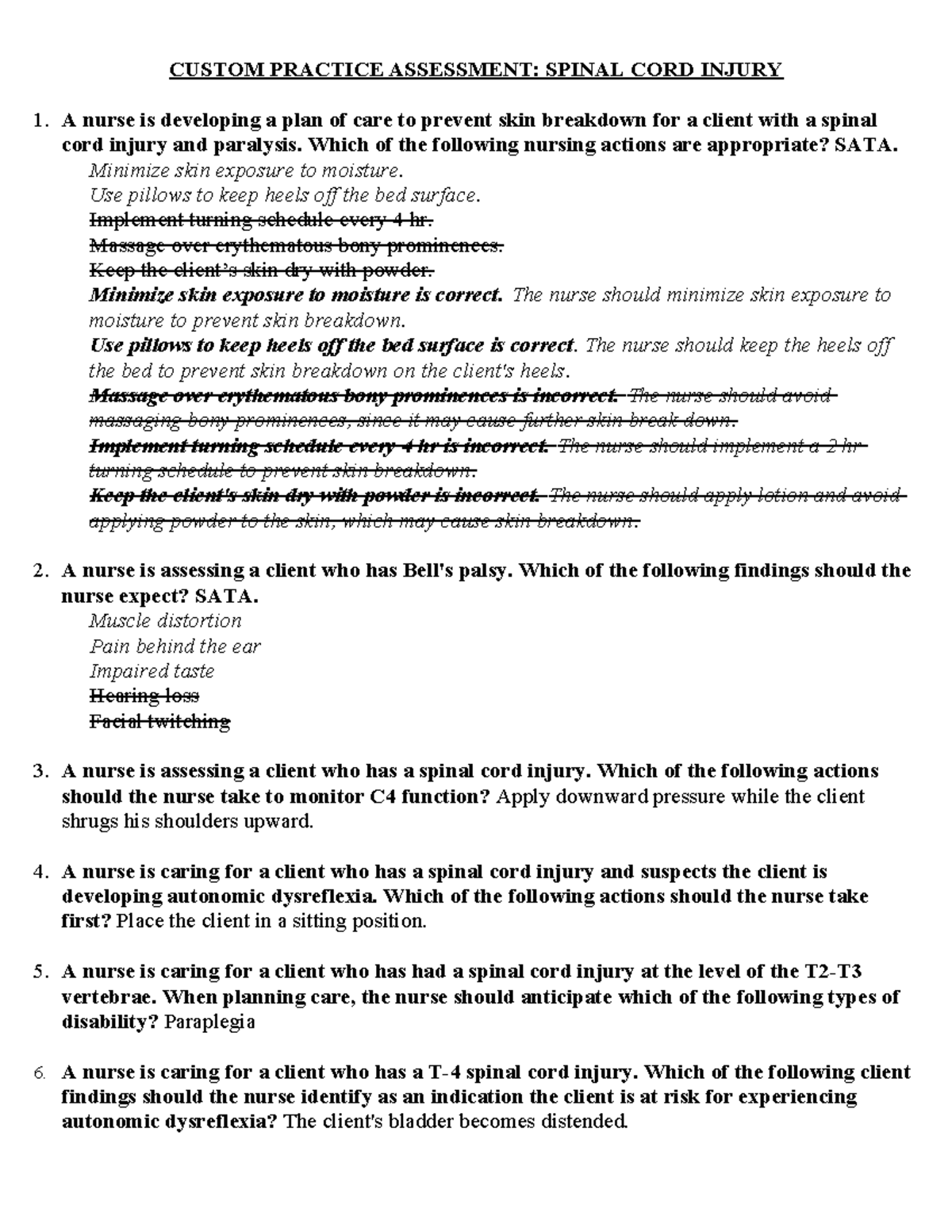 Spinal Cord Injury Quiz: Practice Assessment for Nursing Care - Studocu