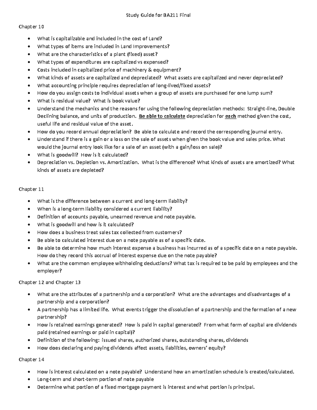 BA211 Final Exam Study Guide - Key Concepts & Depreciation Methods - Studocu