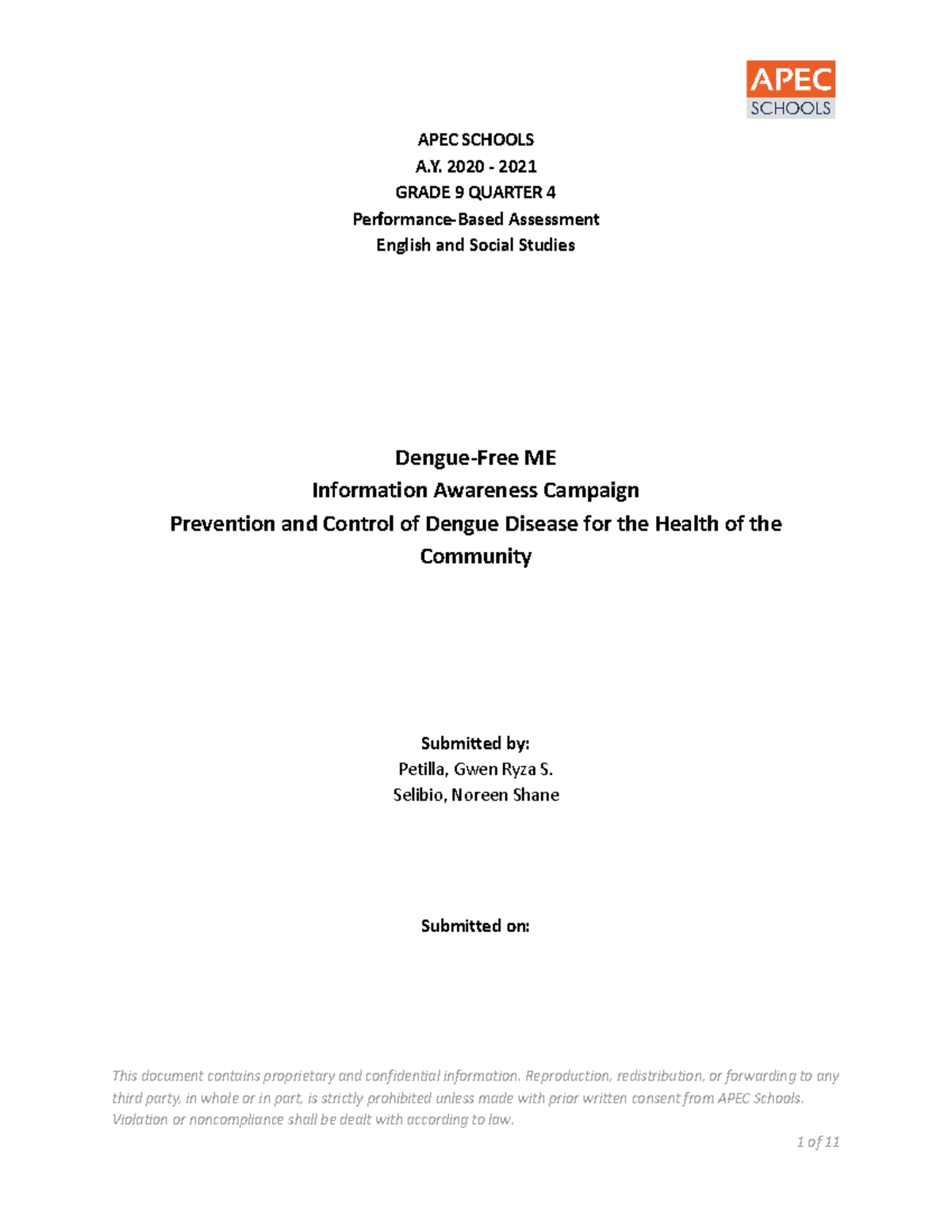APEC Schools Grade 11 Project Proposal: Dengue-Free ME Awareness ...