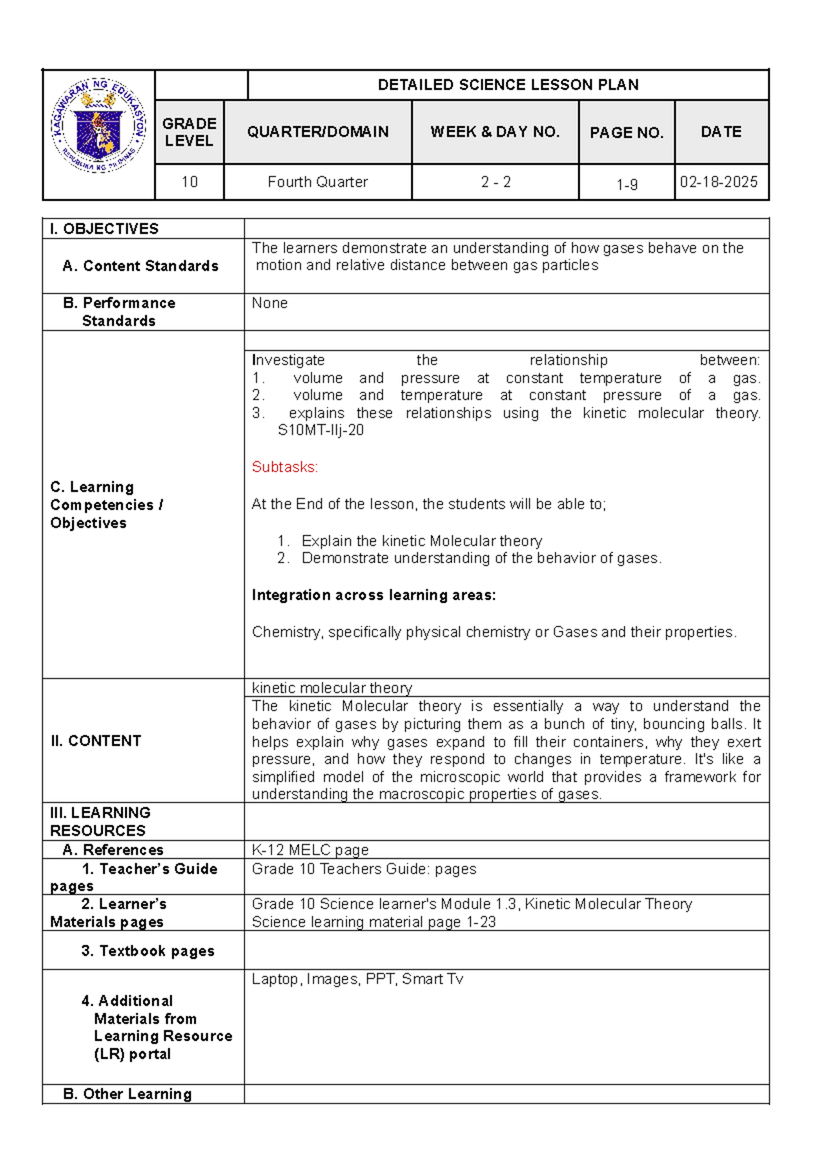 LP-10-KMT - Detailed Lesson Plan on Kinetic Molecular Theory - Studocu