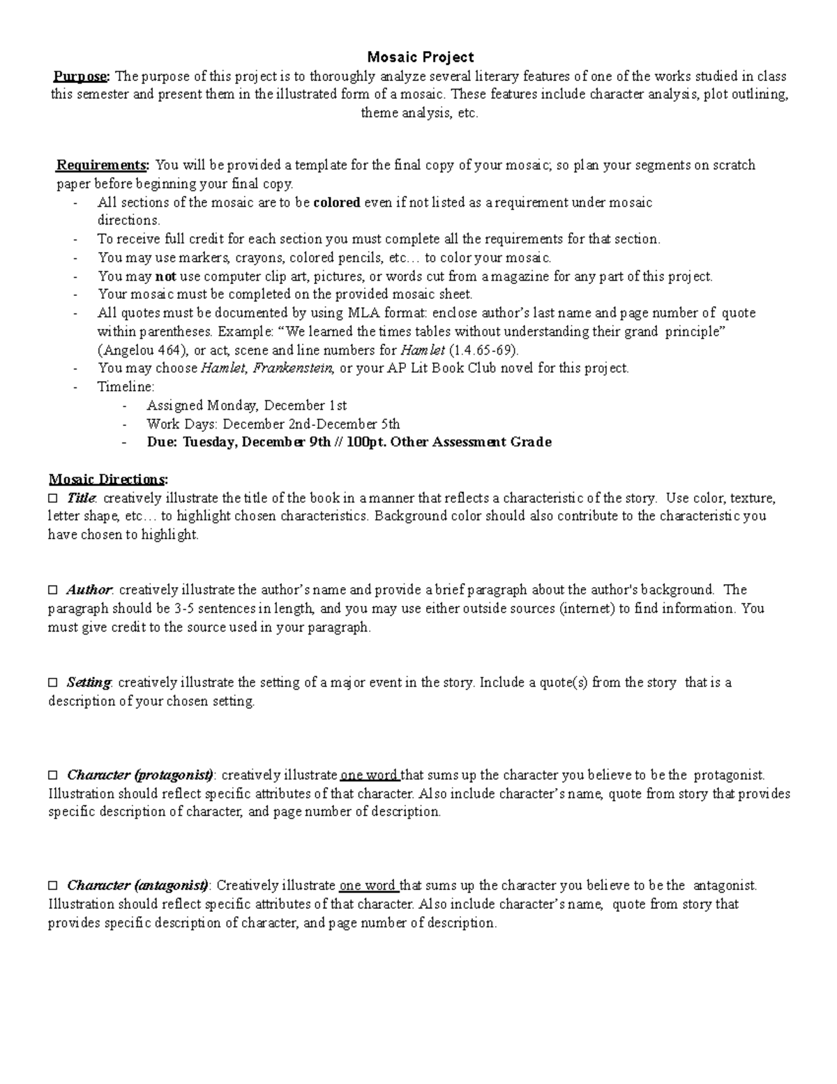 Literature Mosaic Project (25-26): Analyzing Characters & Themes - Studocu