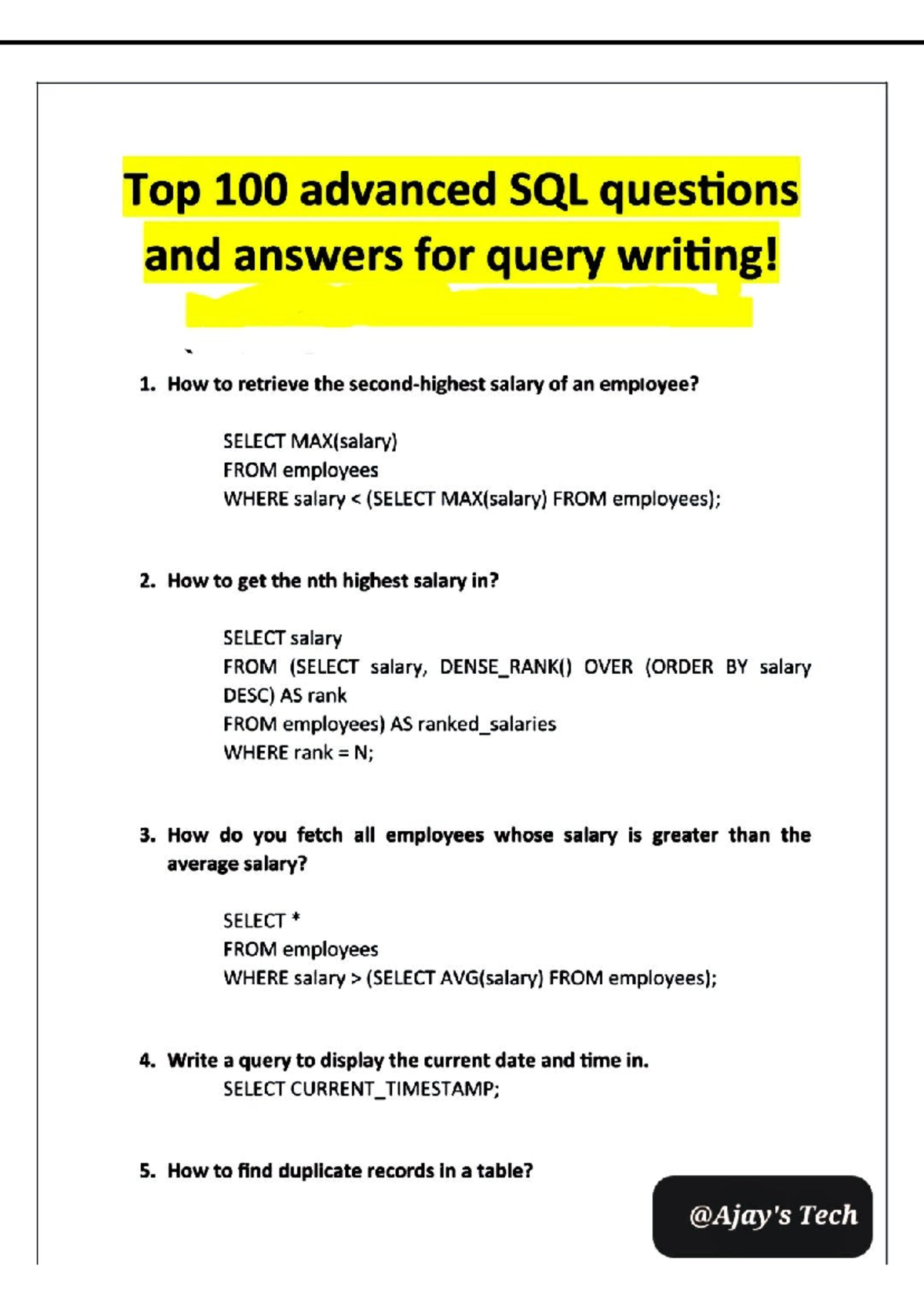Top 100 Advanced SQL Questions & Answers for Query Writing - Studocu