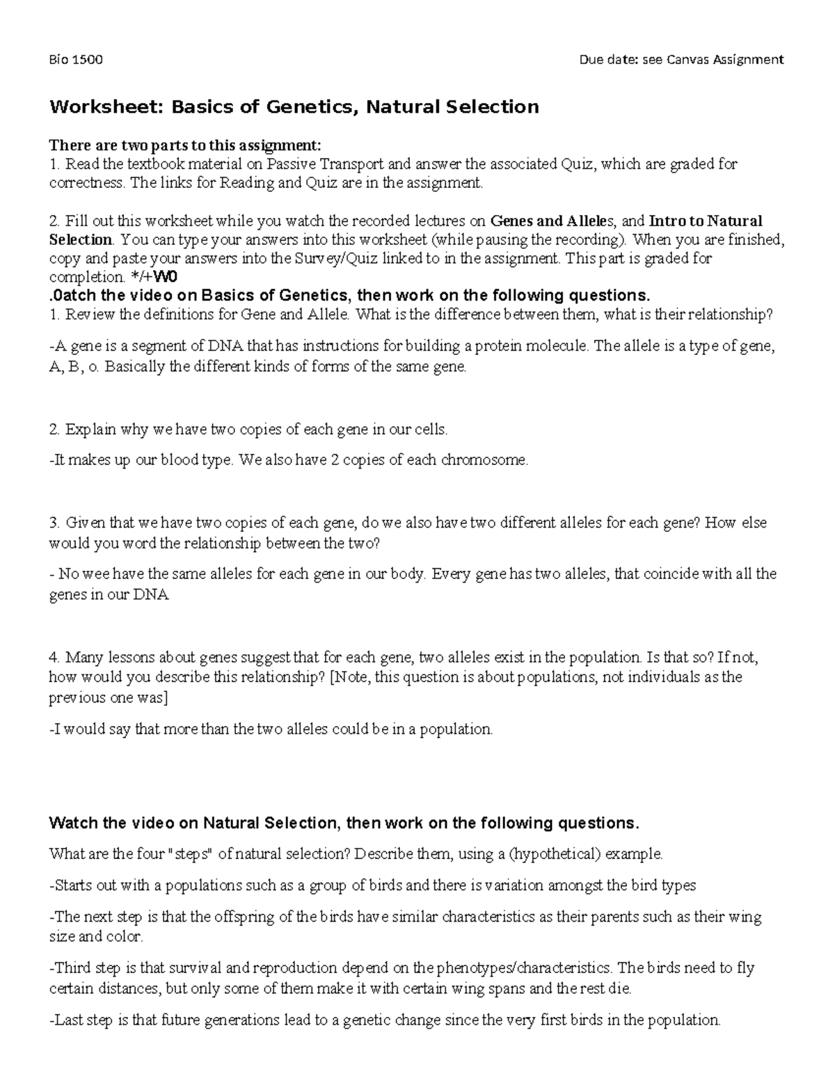 Bio 1500 Assignment: Basics of Genetics & Natural Selection Worksheet ...