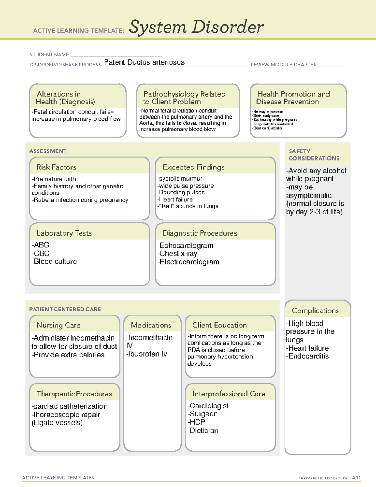 Active Learning Template: Patent Ductus Arteriosus (System Disorder ...
