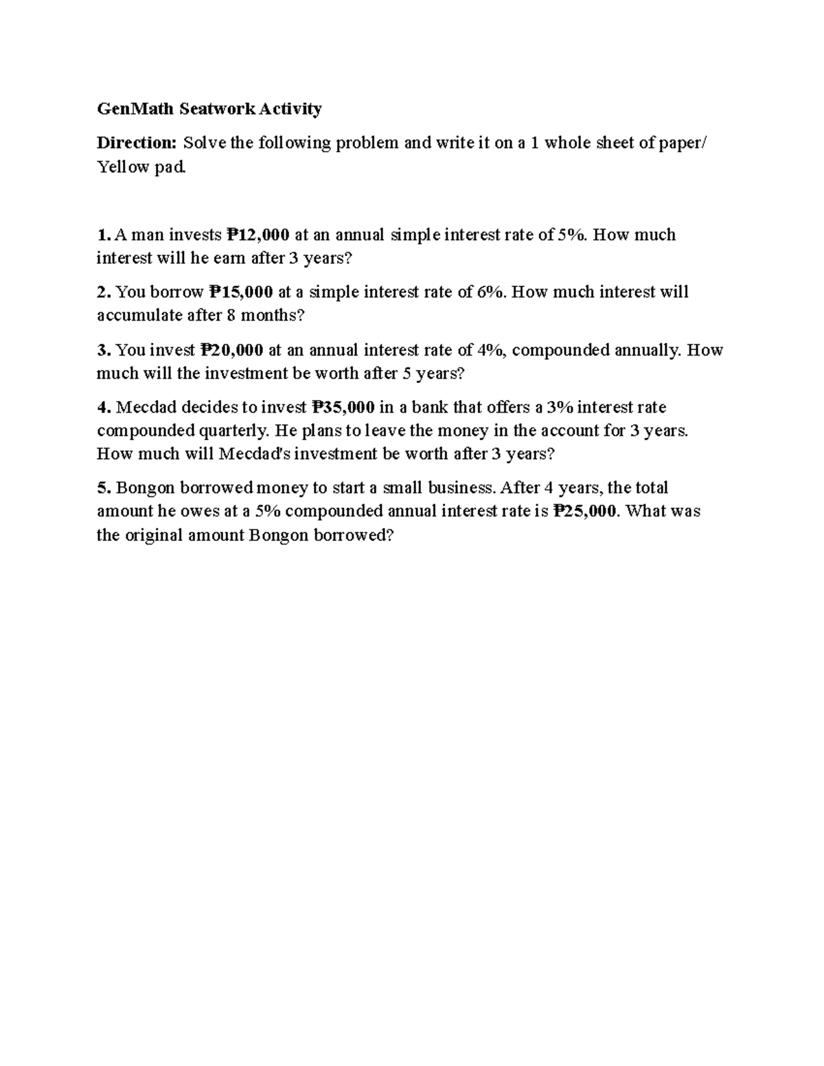 Gen Math Seatwork Activity: Interest Problems & Solutions - Studocu