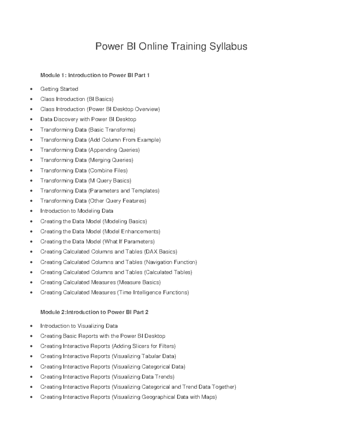 Power BI Online Training Syllabus: Modules 1-3 Overview - Studocu
