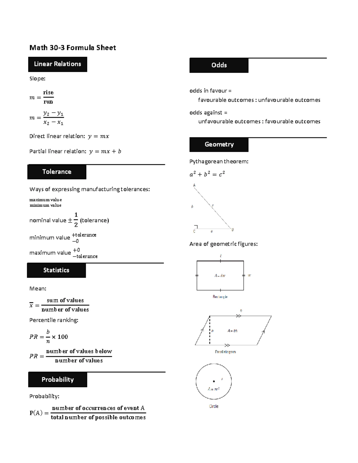 Mathematics 10-3: Essential Formula Sheet for Measurements and Geometry ...
