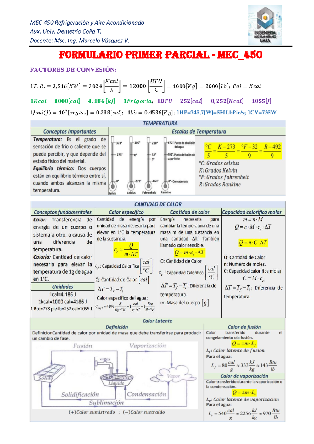 Formulario Primer Parcial MEC_450: Cálculo de Cargas en Refrigeración ...