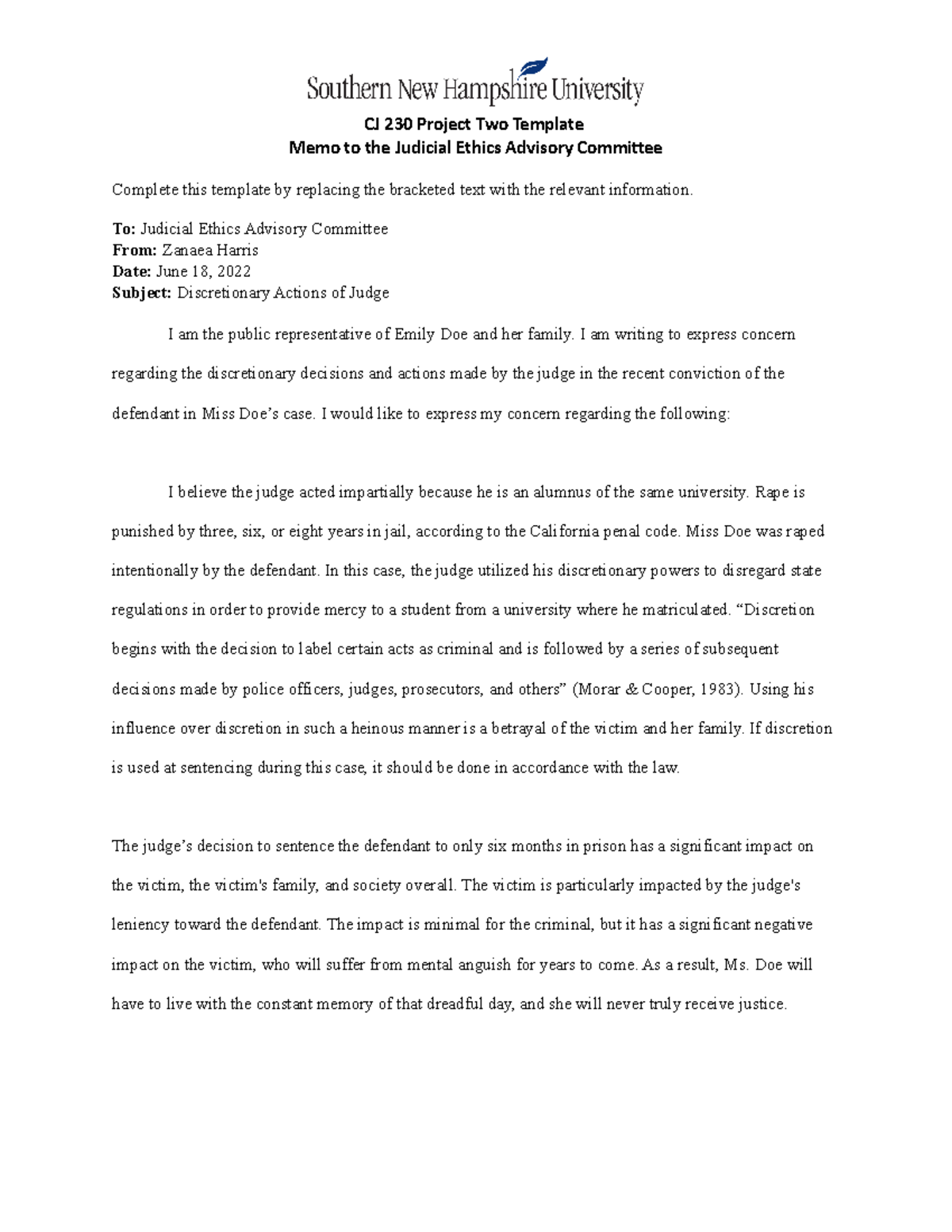 CJ 230 Project Two: Memo on Judicial Discretion in Miss Doe's Case ...