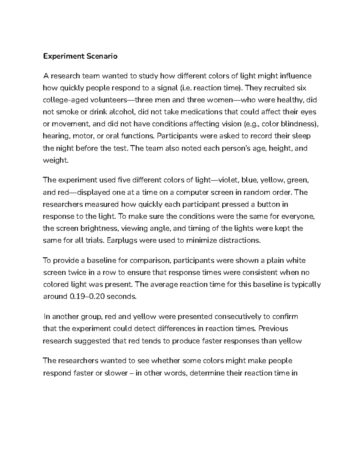 Reaction Time Experiment (PSY 101): Impact of Color on Responses - Studocu