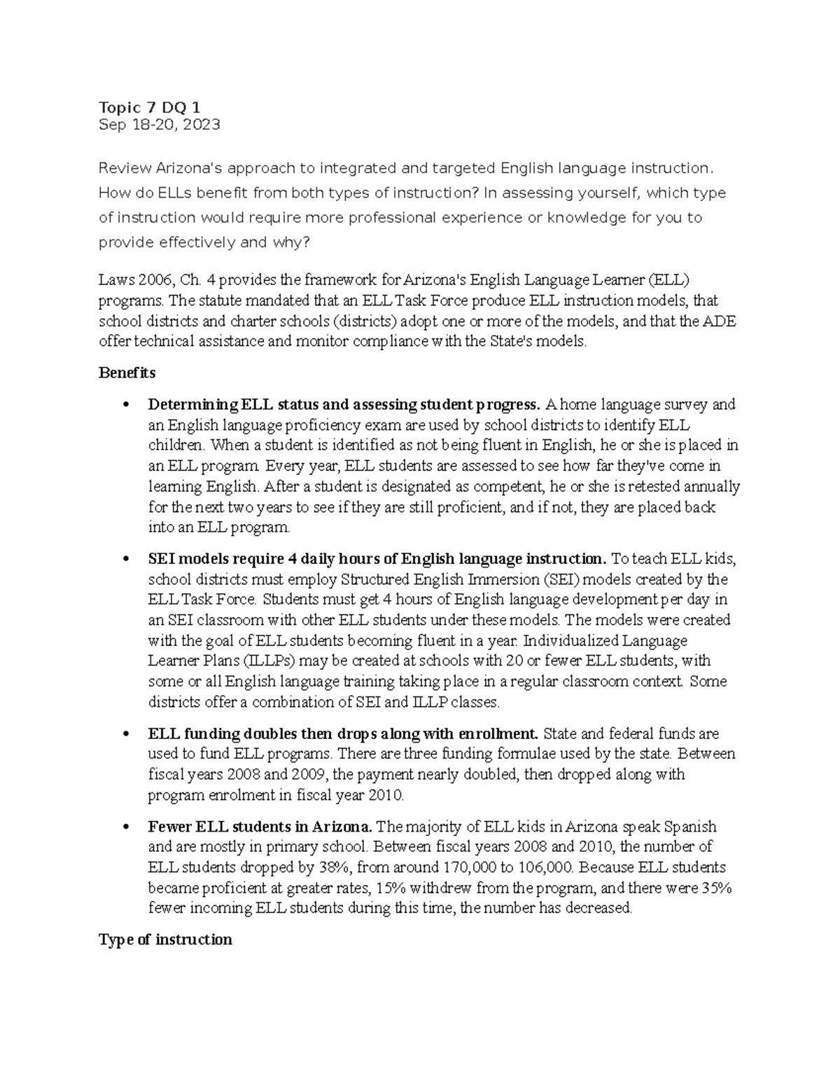 ESL- 440N-0500 Topic 7 DQ 1 and 2 for Sherry Lynn Breece - Topic 7 DQ 1 Sep 18-20, 2023 Review ...