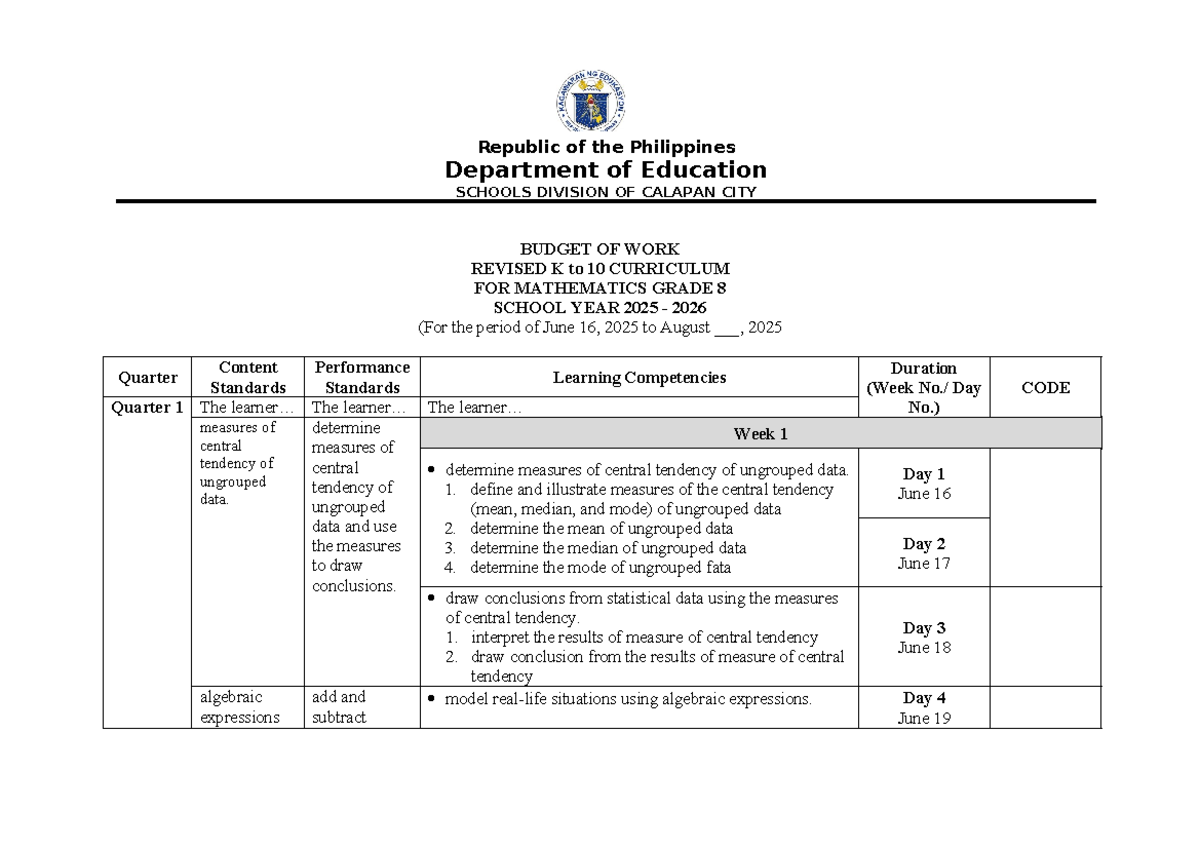 Grade 8 Math Curriculum Budget of Work SY 2025-2026: Quarter 1 - Studocu