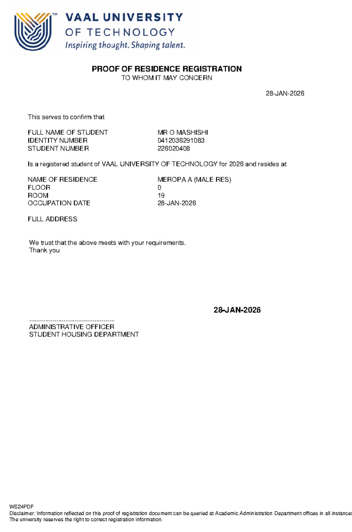 Proof of Residence Registration - VUT 2026 - Studocu