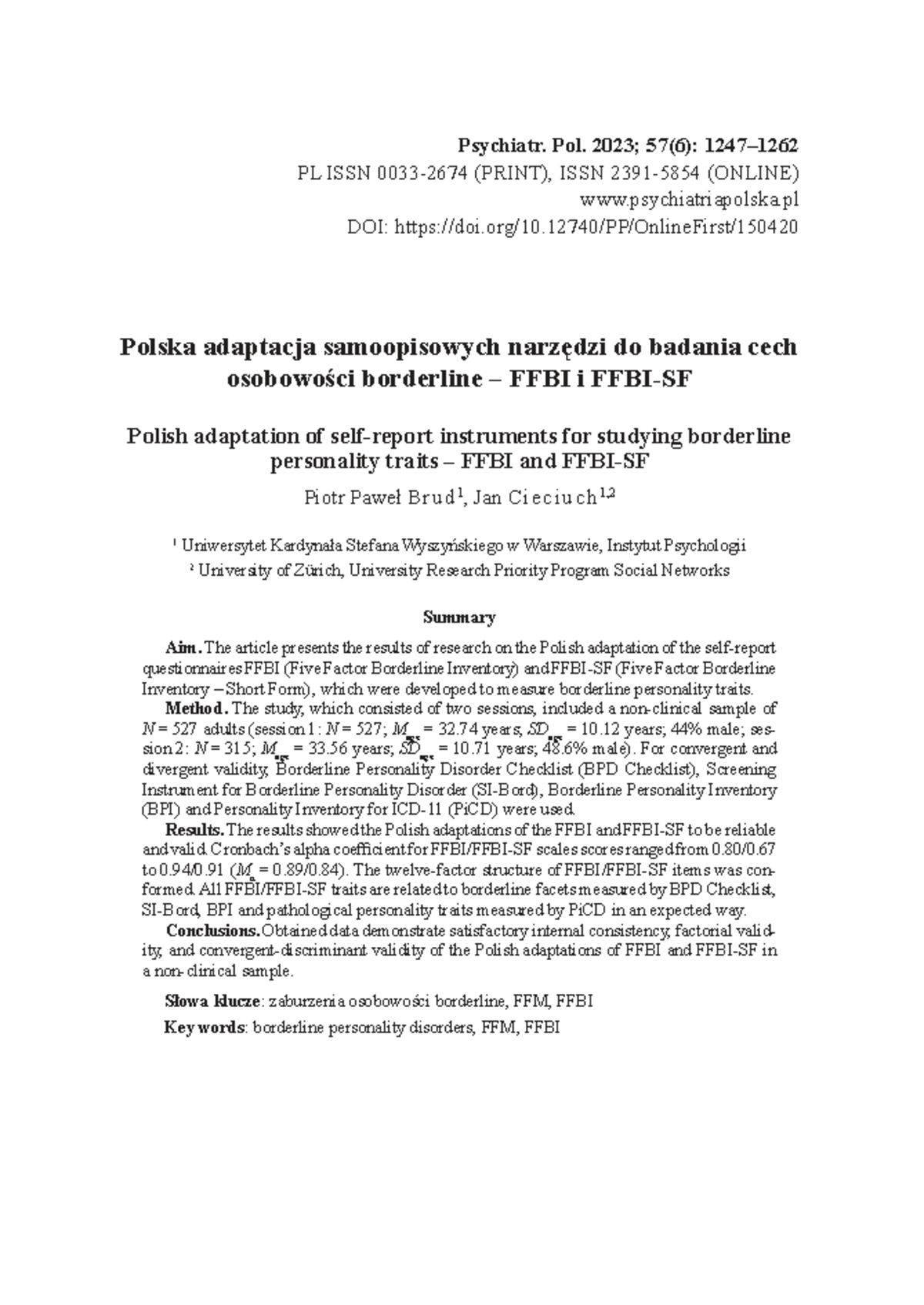 Diagnoza Borderline: Polska Adaptacja FFBI i BPI w Badaniach Osobowości ...