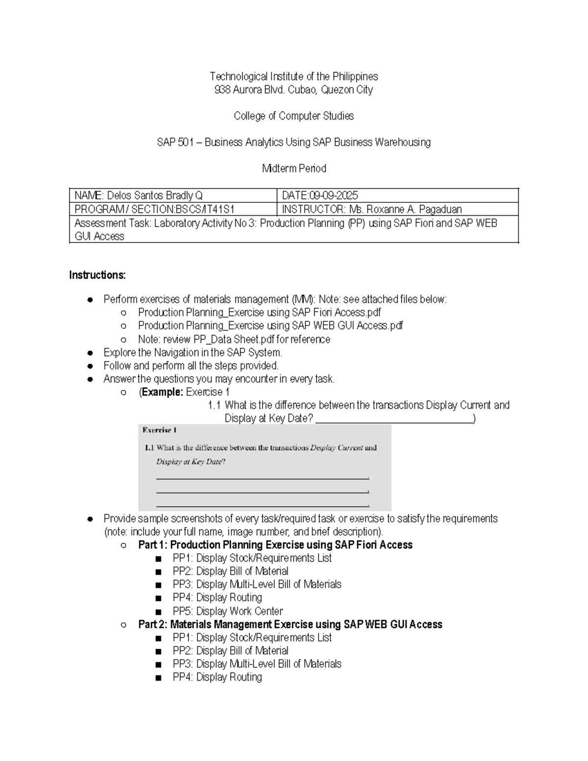 SAP 501 Midterm Lab 3: Production Planning & Materials Management - Studocu