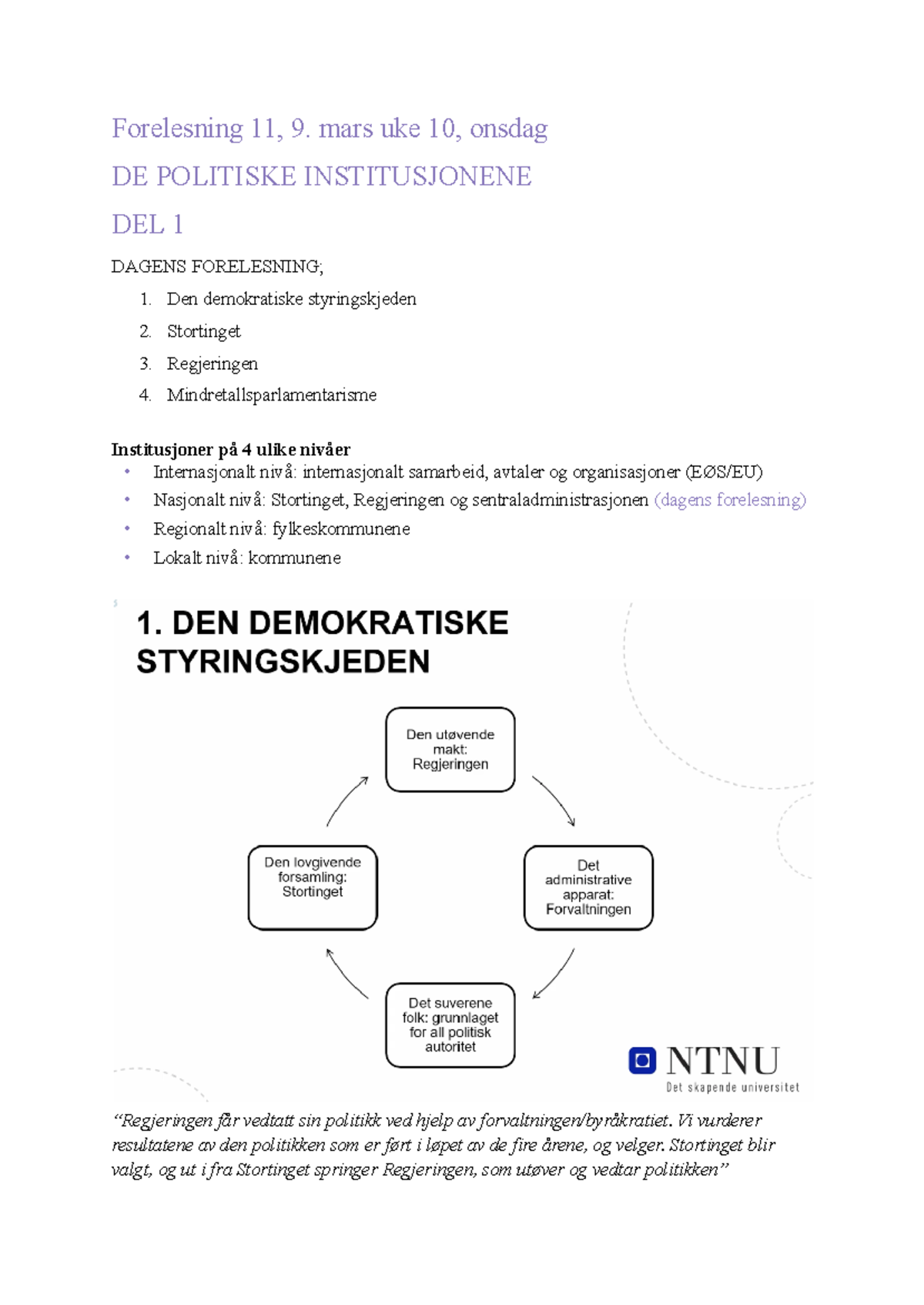 Politikk og Politiske Institusjoner: Forelesningsnotater Uke 10 - Studocu