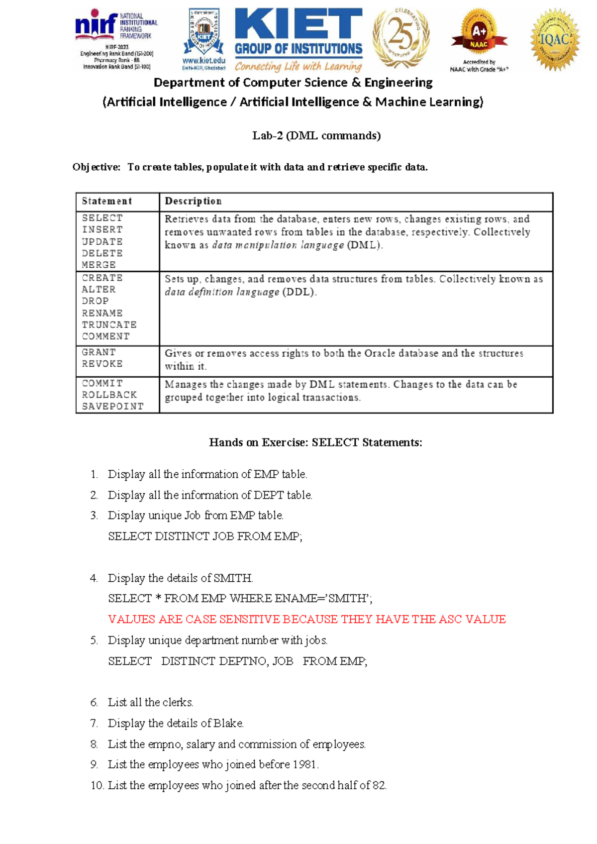 Lab Practice Sheet-2 (DML) for CSE (AI & ML) - SQL Queries - Studocu
