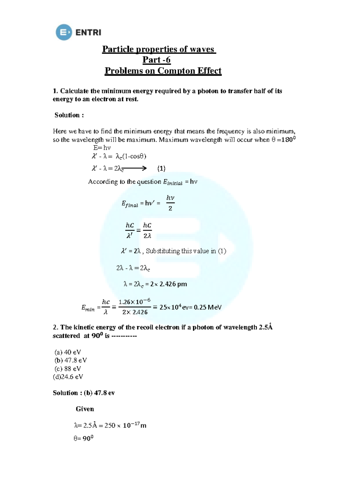 Problems on Compton Effect PHYS 101: Wave-Particle Interactions - Studocu