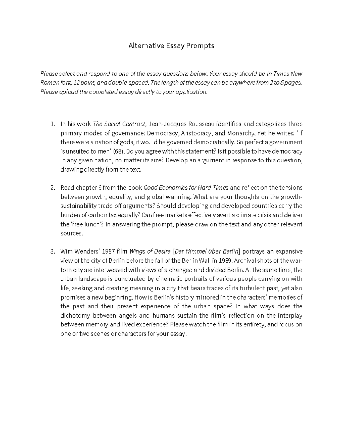 Bard College Berlin: Alternative Essay Prompts for Analysis - Studocu