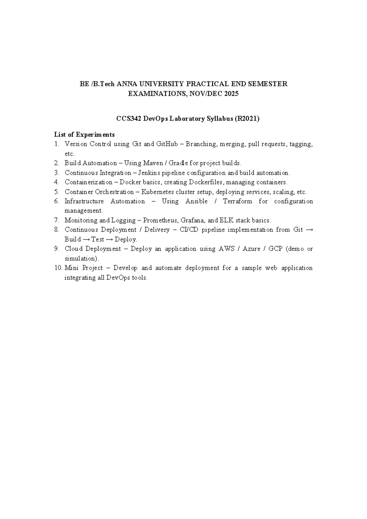 CCS342 DevOps Lab Syllabus - Practical End Semester Exam 2025 - Studocu