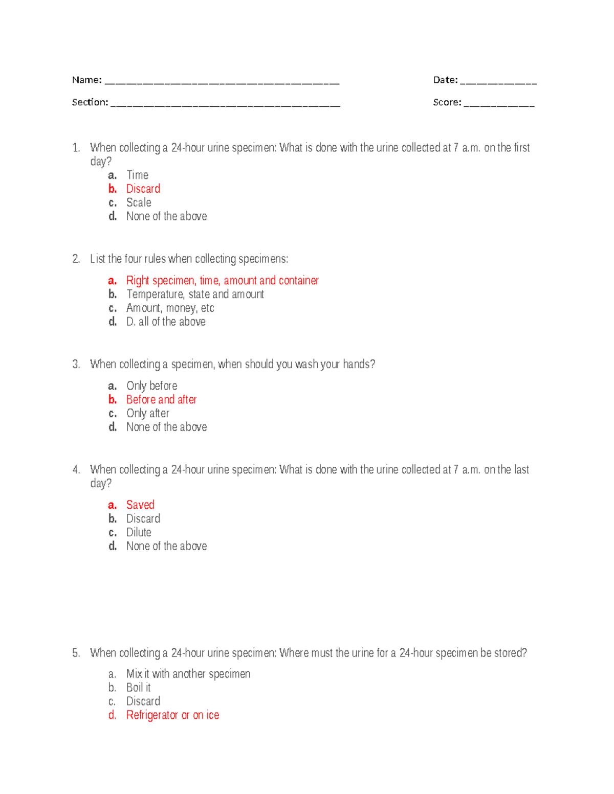 24H Urine Collection Quiz - Assessment Questions and Answers - Studocu