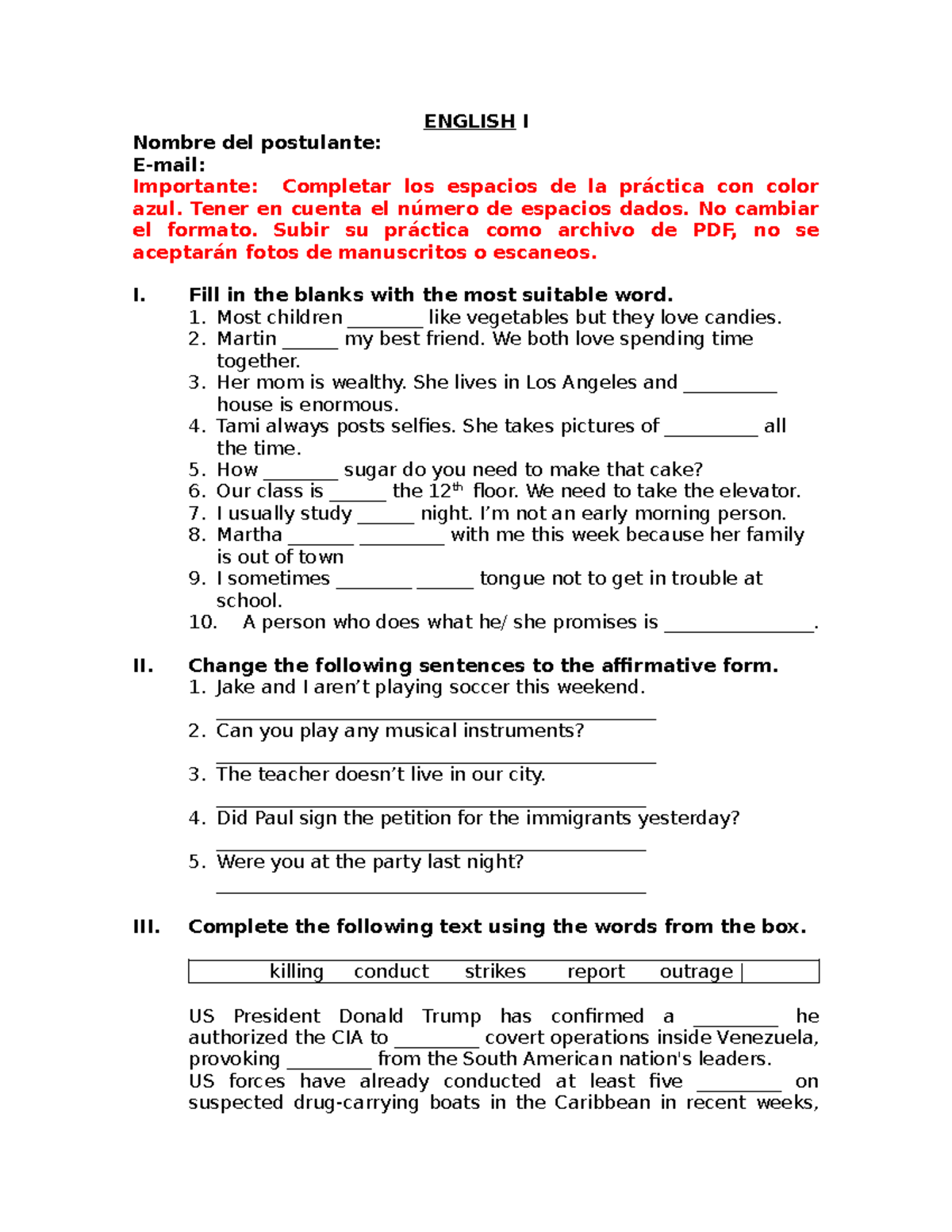 English I - Actividad Calificada: Fill in the Blanks & Sentence Changes ...