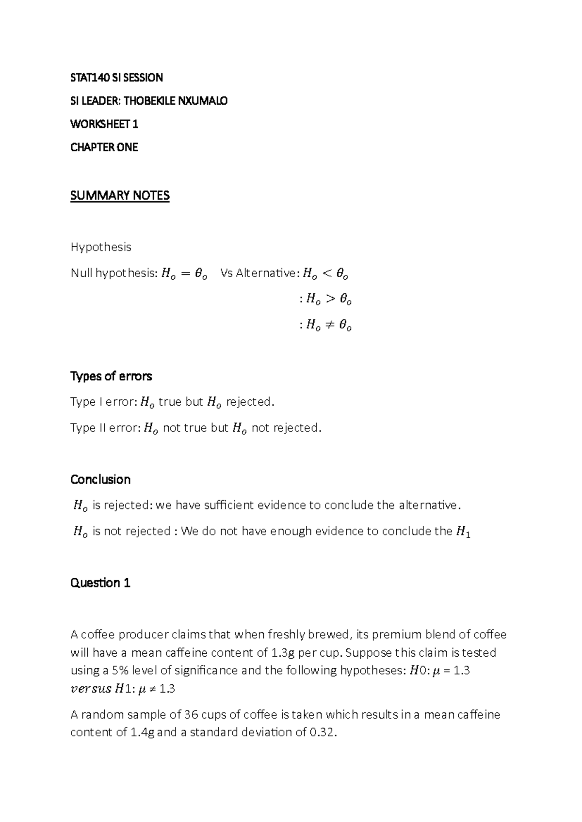 Worksheet ONE - Questions - STAT140 SI SESSION SI LEADER: THOBEKILE ...
