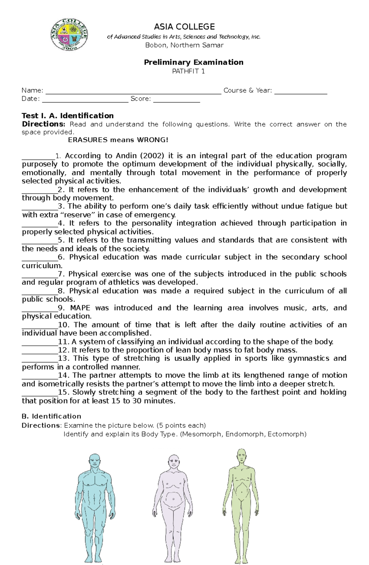PATHFIT 1 Preliminary Exam - Study Notes and Identification Guide - Studocu