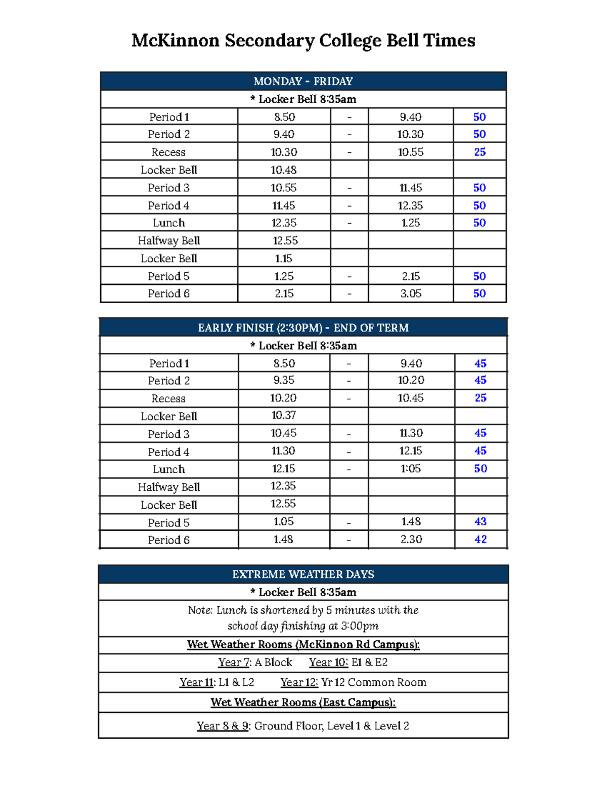 Bell Times for Semester 2, 2024 at McKinnon Secondary College - Studocu