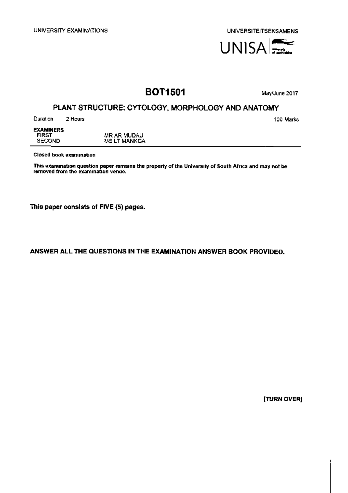 2017 BOT 1501 Exam Question Paper - BOT1501 - Studocu