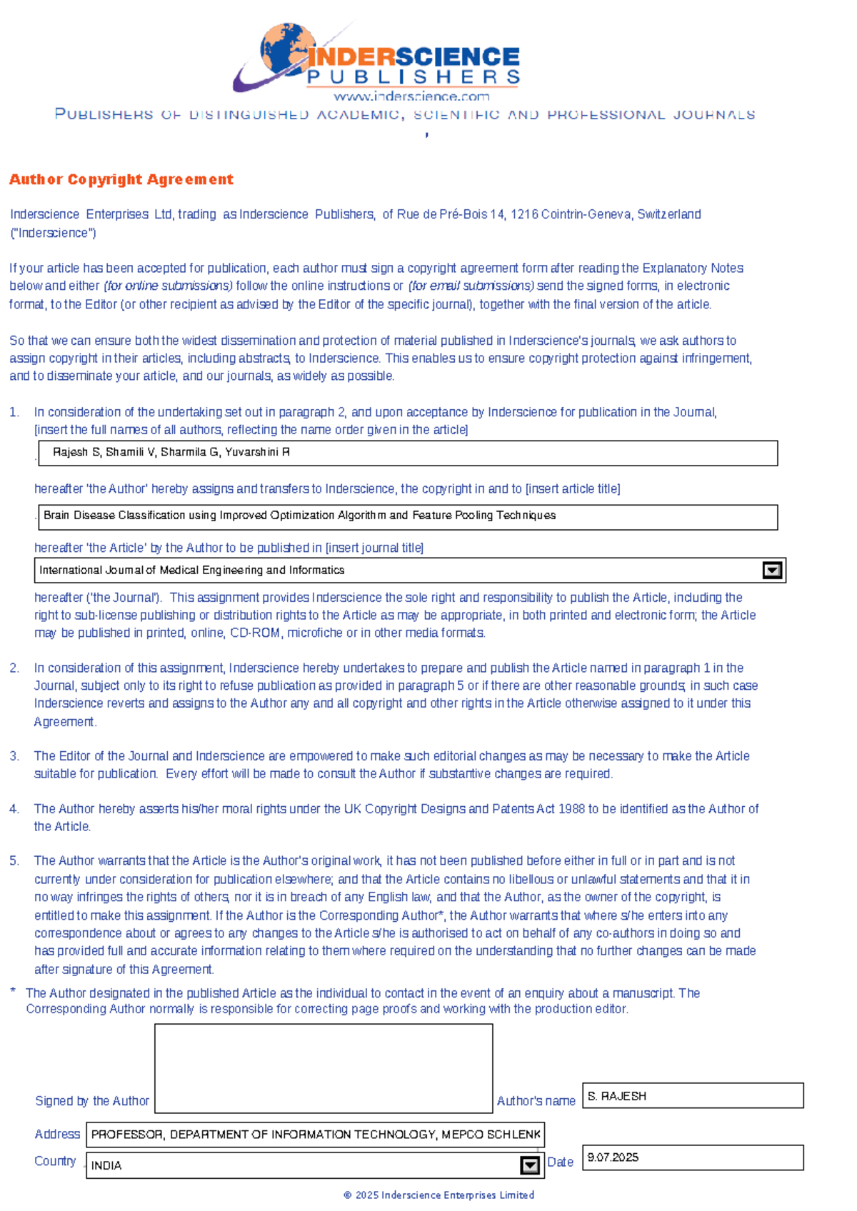 Author Copyright Agreement for Article Publication - SDFSDFSDF - Studocu