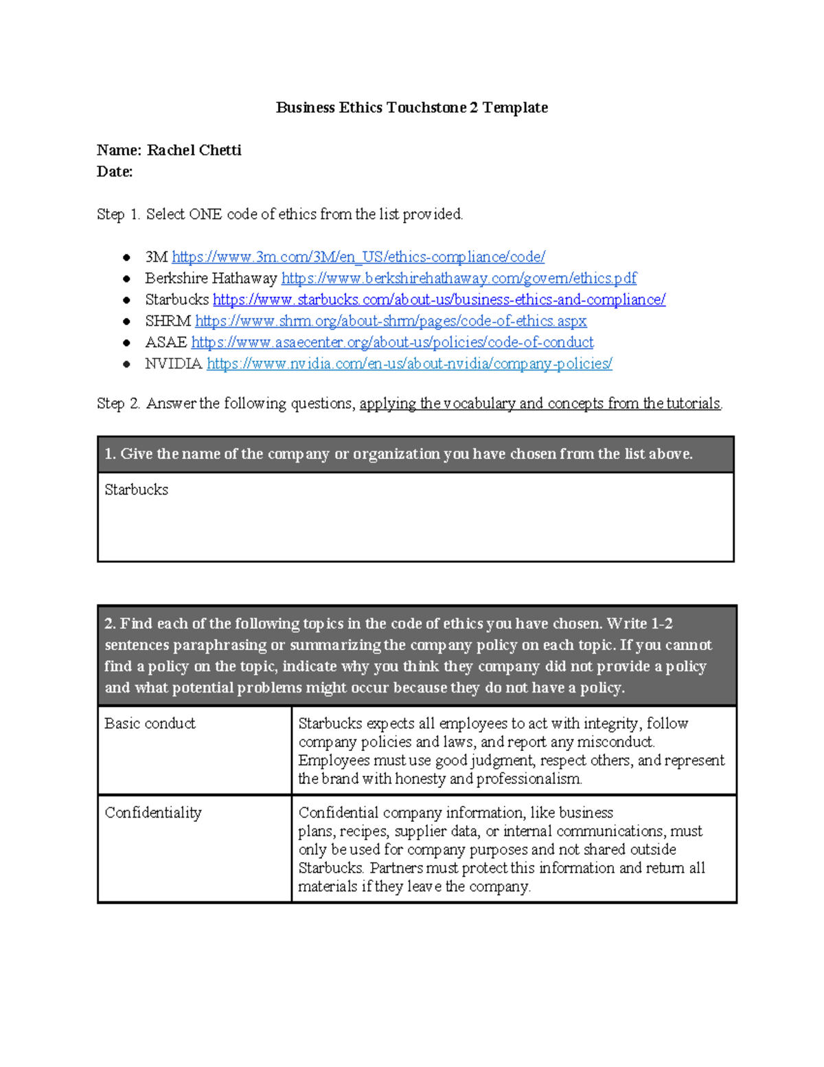 Business Ethics Touchstone 2: Starbucks Code Analysis - Studocu