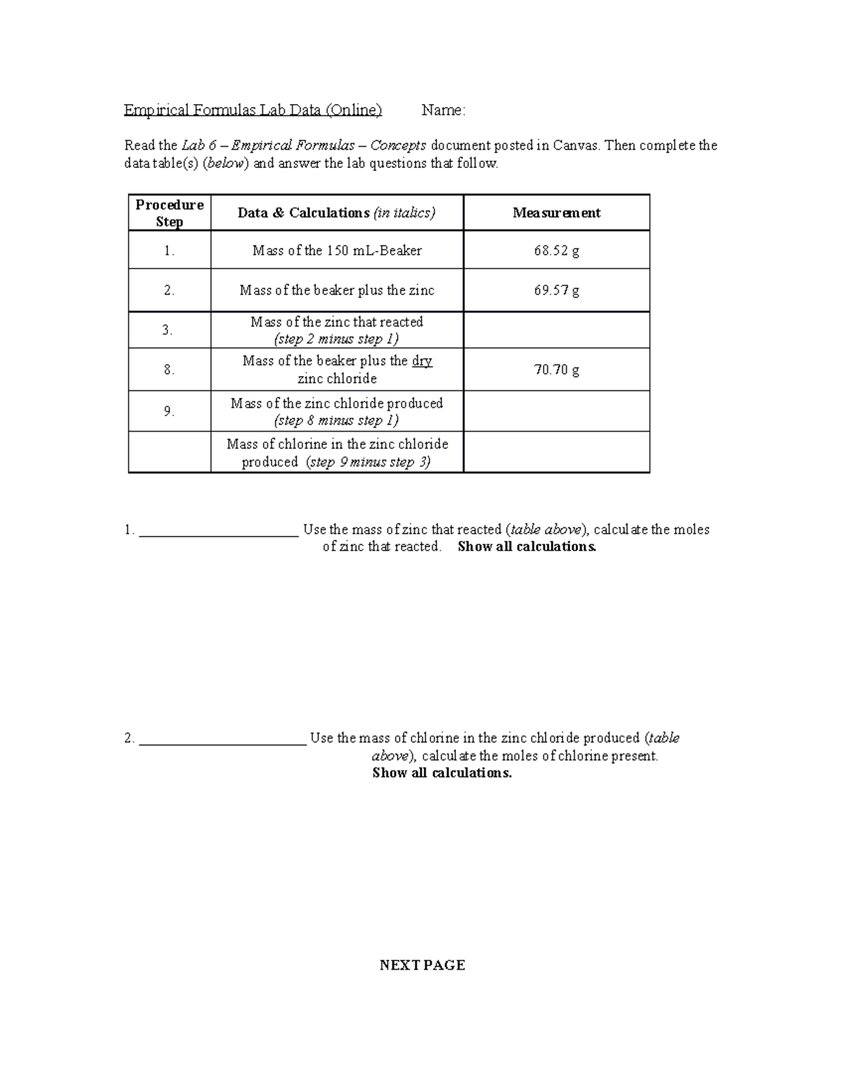 Lab 6 - Empirical Formulas - OL Lab Report - Empirical Formulas Lab ...