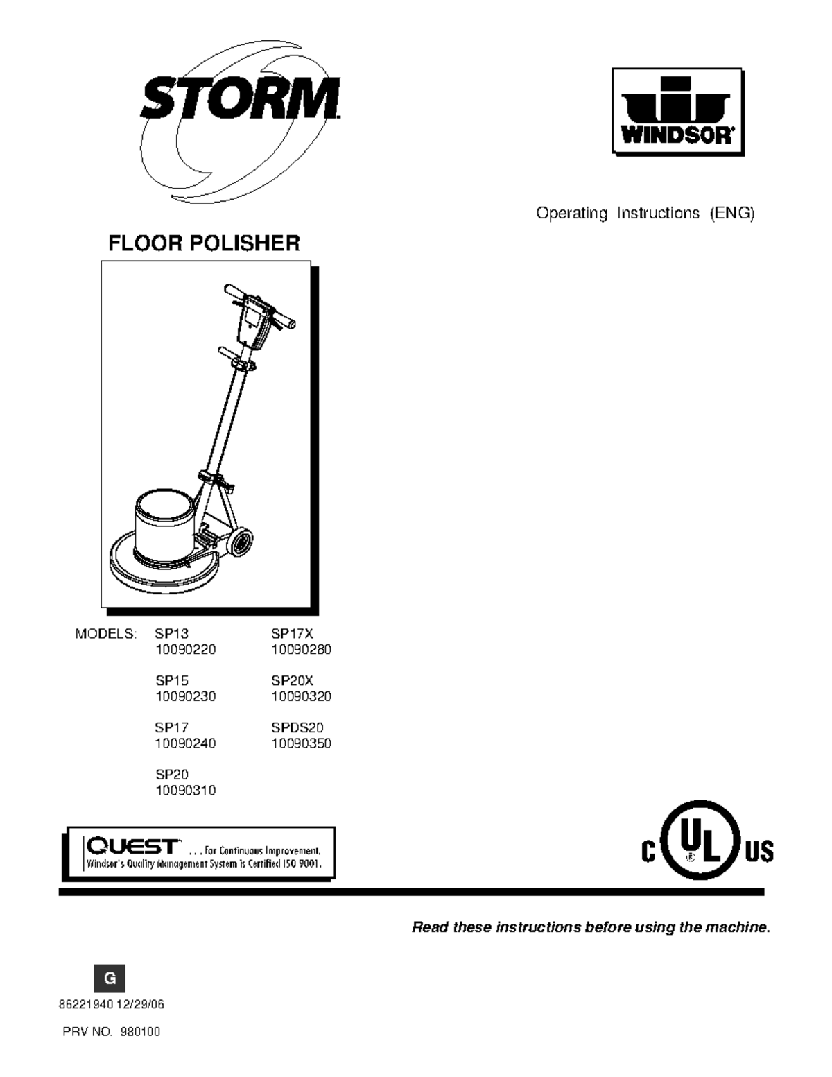 Operating Instructions for Storm Polisher Models SP13, SP15, SP17, SP20 ...