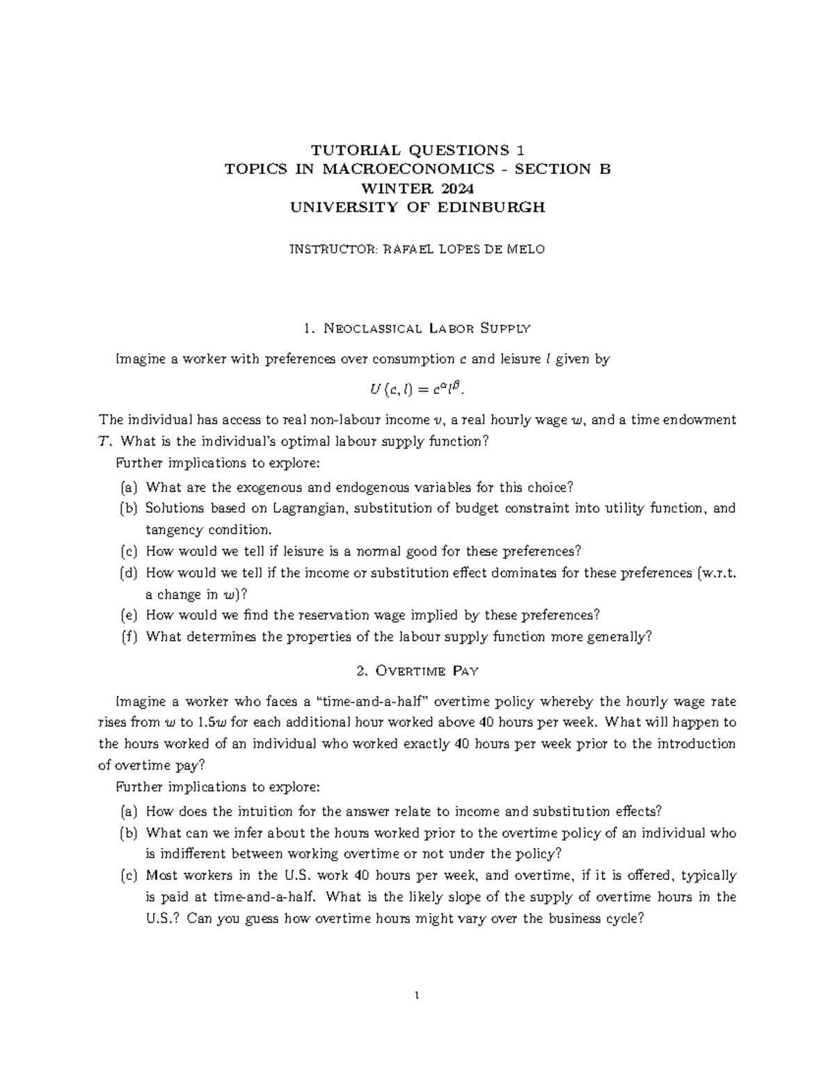 Tutorial 1 - TUTORIAL QUESTIONS 1 TOPICS IN MACROECONOMICS - SECTION B ...