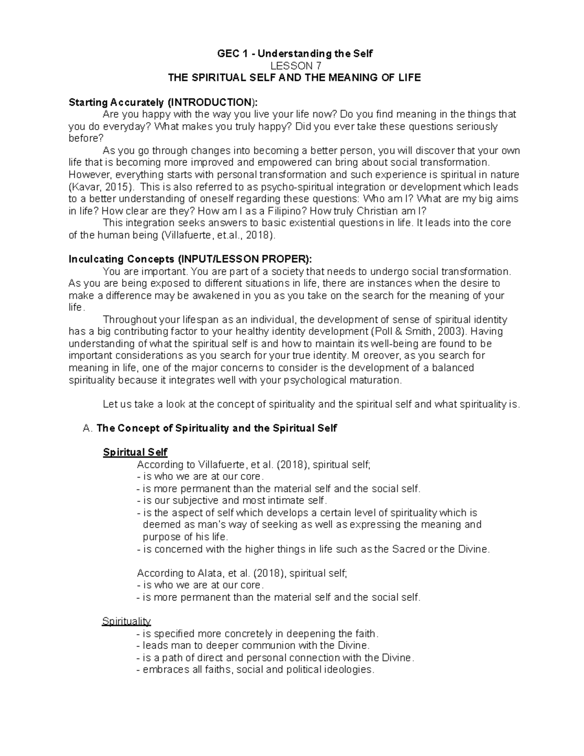 GEC 1 Lesson 7: Exploring the Spiritual Self & Life's Meaning - Studocu