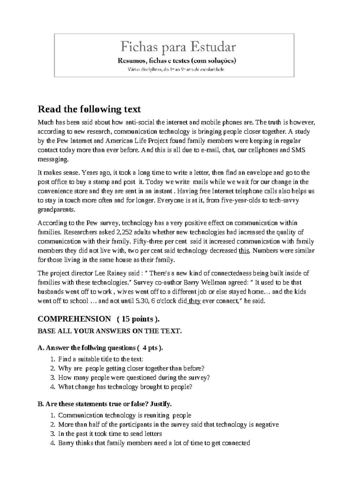 Reading Comprehension: Technology’s Impact on Family Communication ...