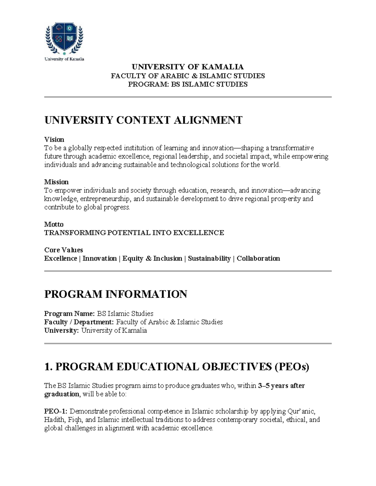 BS Islamic Studies Program Overview: Vision, Mission & Objectives - Studocu