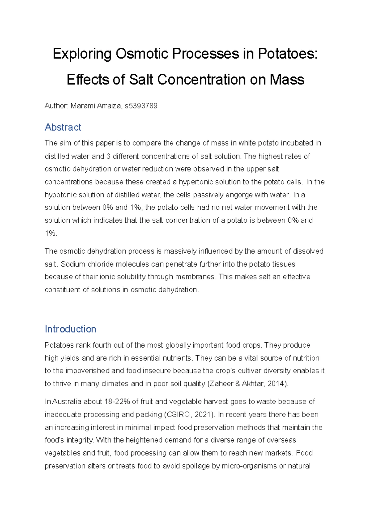 **Investigating Osmosis in Potatoes: Effect of Salt Concentration ...