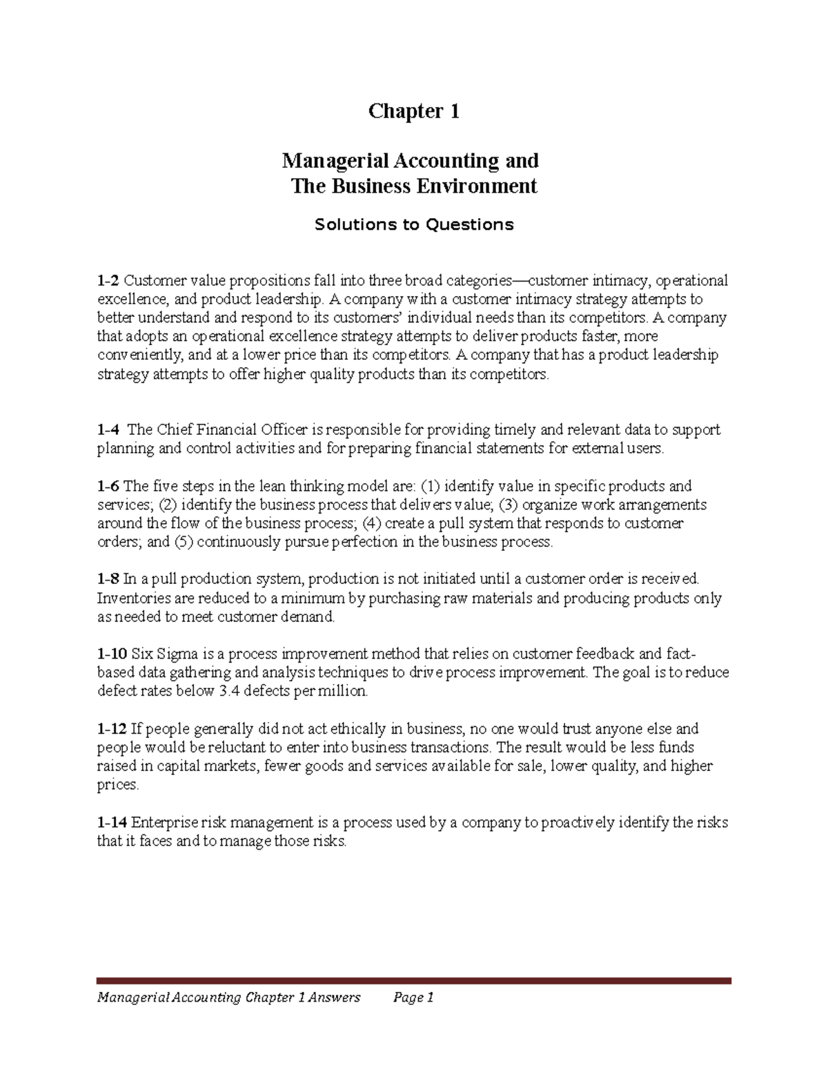 Managerial Accounting (ACCT 301) Chapter 1 Solutions and Insights - Studocu