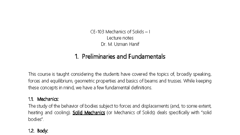 Mechanics of Solids I Lecture Notes: Chapter 1 Fundamentals - Studocu